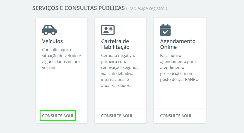Print da página do Portal de Serviços do Detran RO mostrando onde ...
