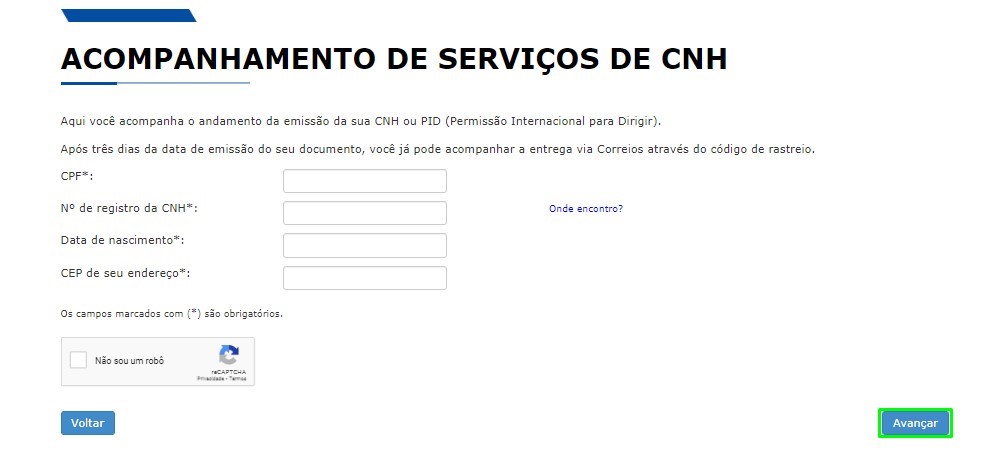 print da tela mostrando onde inserir os dados para fazer o ...