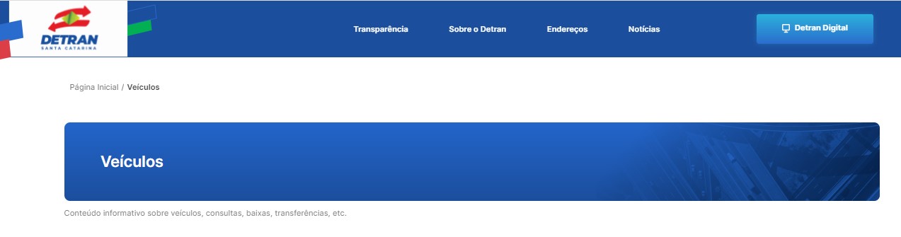 print da tela mostrando o menu principal do site do Detran SC