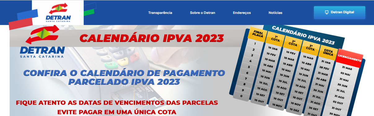 print da tela mostrando o menu principal do site do Detran SC