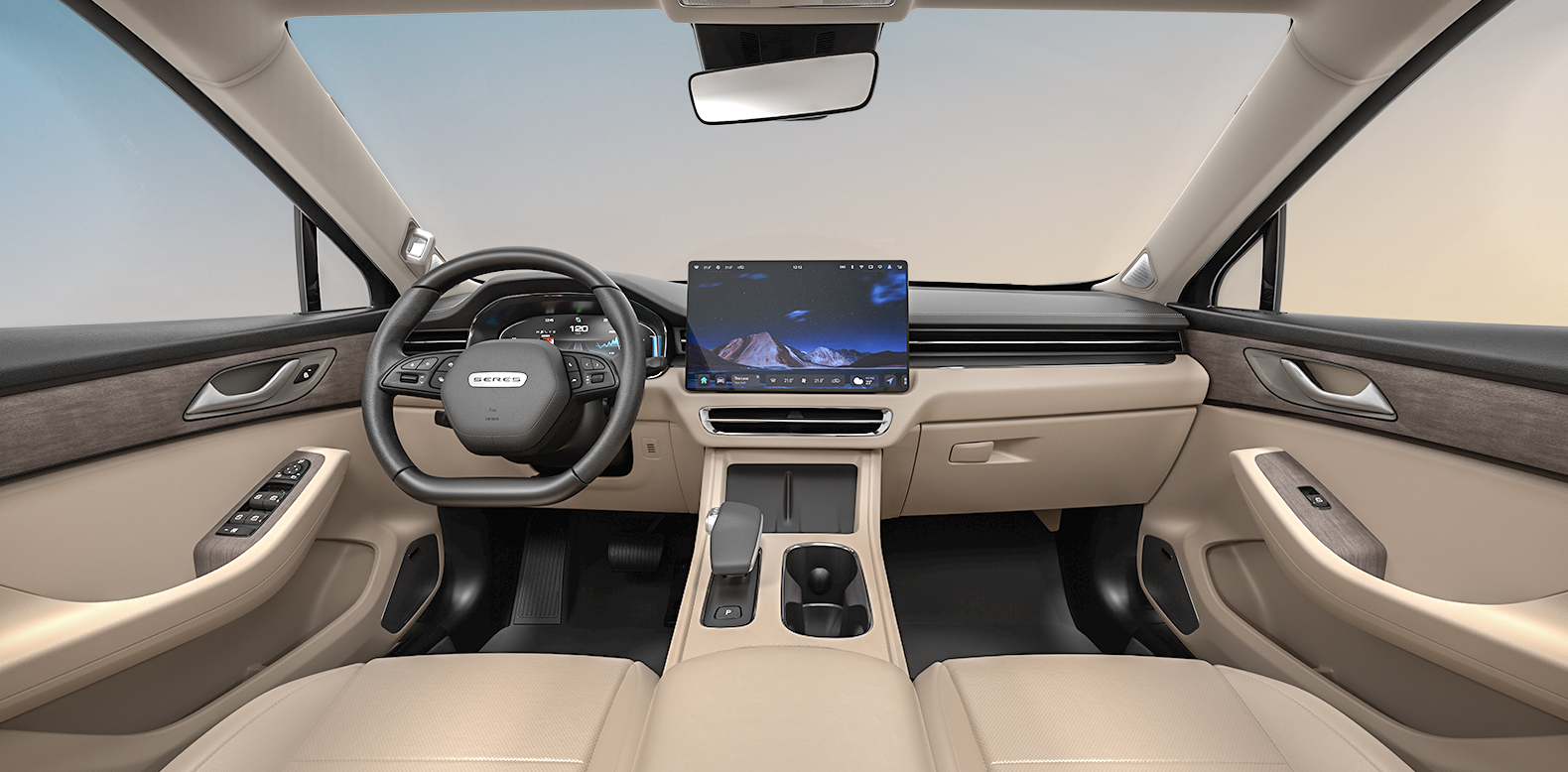 Foto do interior do Dongfeng Seres 5, exibindo o painel de instrumentos, volante, central ...