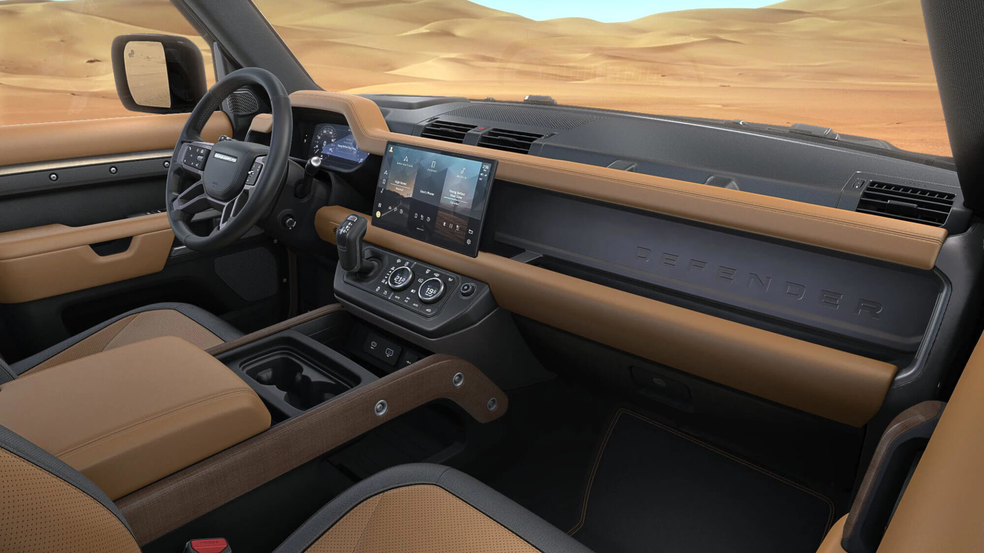 Foto do interior do Land Rover Defender 110 PHEV, exibindo todo o ...